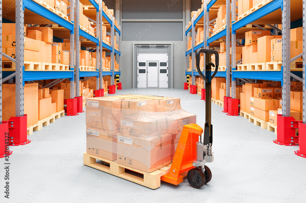 Pallet truck with cardboard boxes in warehouse, 3D rendering Stock ...