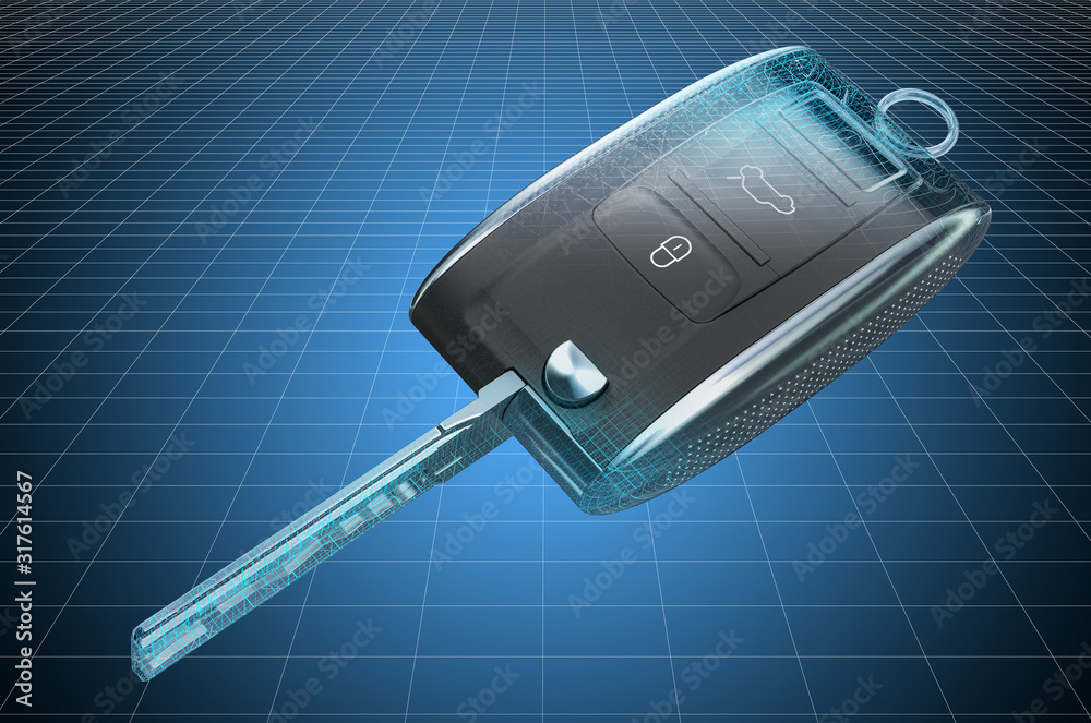 Visualization 3d cad model of car key with remote control, blueprint ...