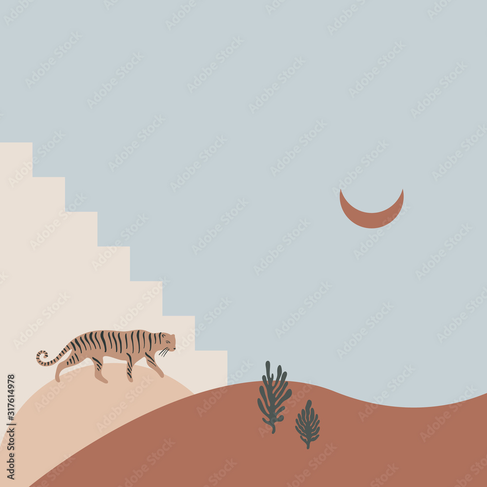 Cartoon cute tiger and Moon in desert. Hand drawn wild cat. Flat design ...