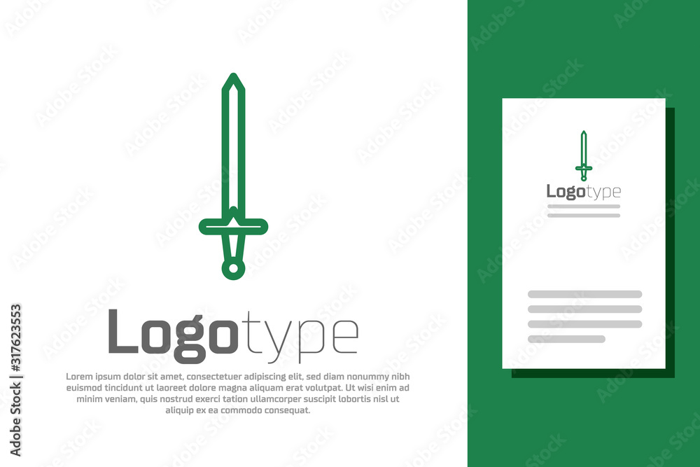 Green line Medieval sword icon isolated on white background. Medieval ...