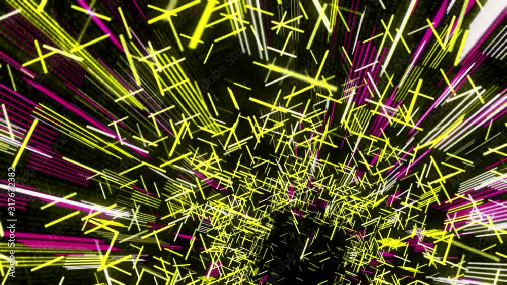Moving forward inside fluorescent ultraviolet glowing light lines ...