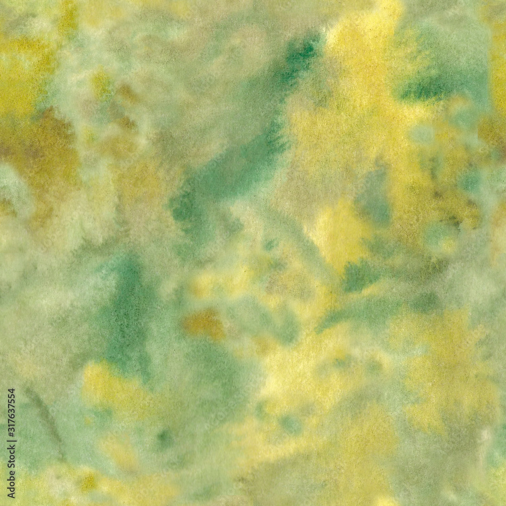 Watercolor ochre-green background with splashes, drops. Seamless ...