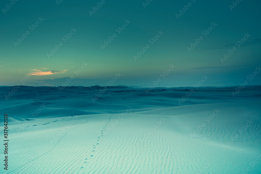 Bright unreal blue desert landscape. Night time mood. A chain of traces ...
