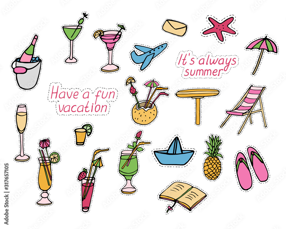 Big summer set of beach party stickers. Vector illustration of ...