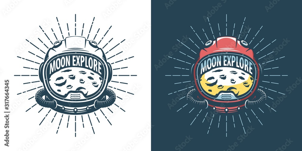Astronaut helmet and moon - vintage logo. Space explore retro emlem ...