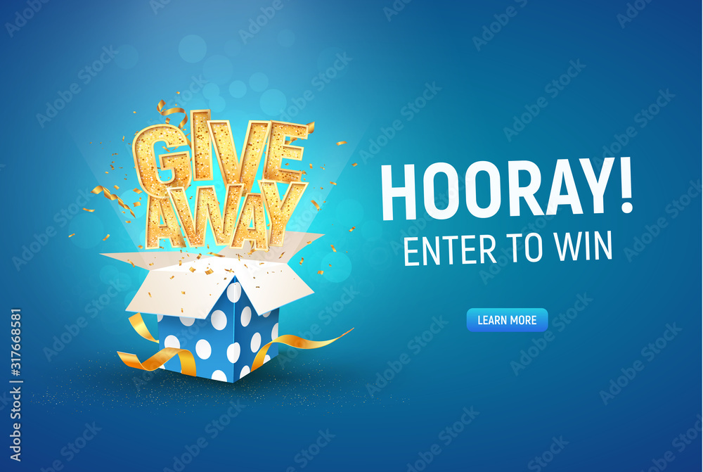 Open textured blue box with golden Giveaway word and confetti explosion ...