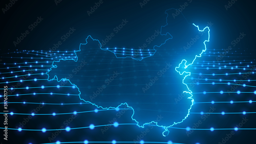 China Digital Map with Glowing lines and particles Technology Connected ...