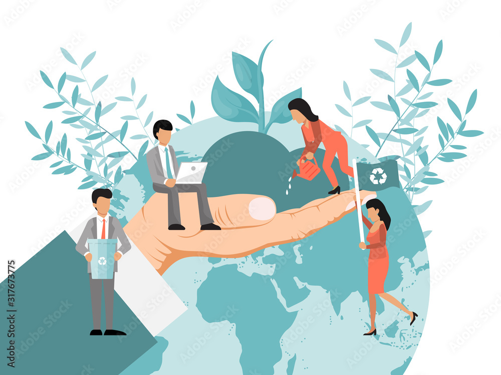 Group of people ecologists takes care of the earth and save planet ...
