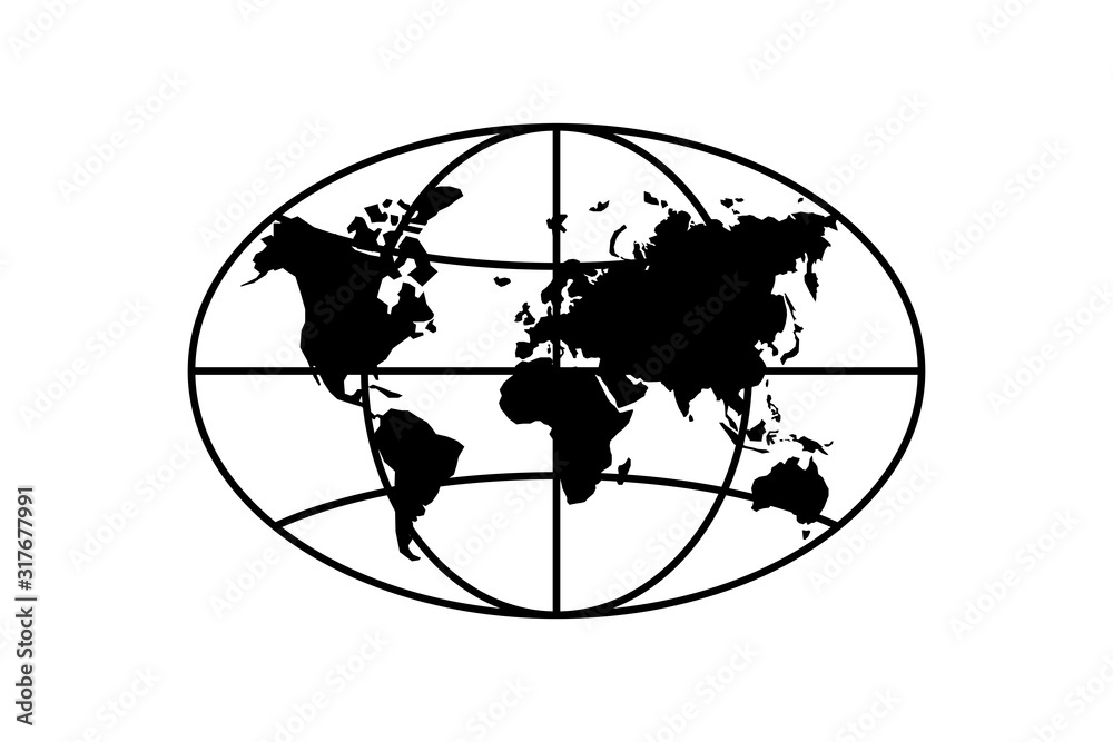 World planet map elongated circle black icon. Globe earth continents ...