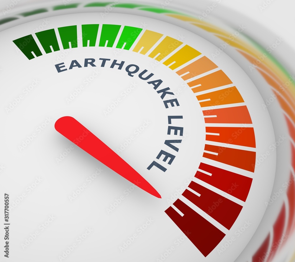 Earthquake magnitude levels scale from green to red with arrow. Seismic ...