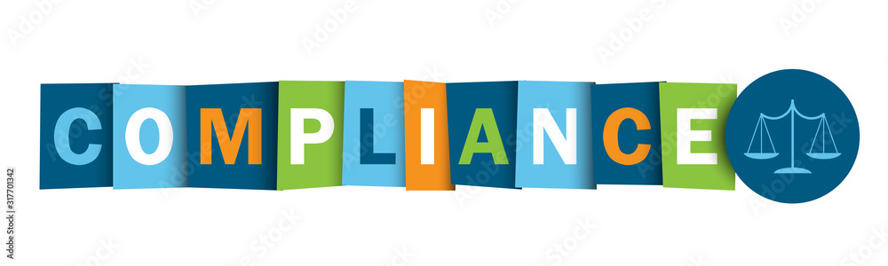 COMPLIANCE colorful vector typography banner with scales of justice ...