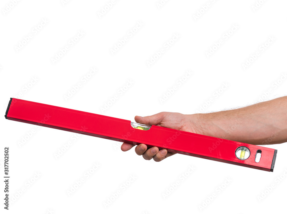 Male Hand with red bubble level tool. Human Hand holding building and ...