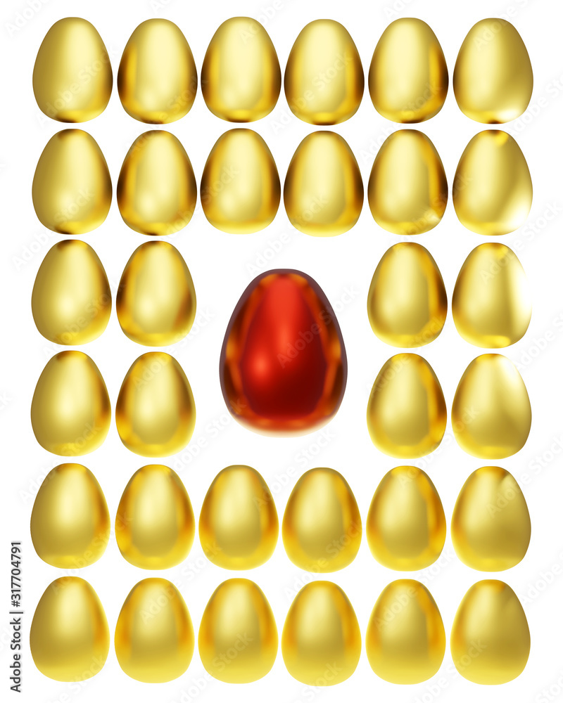 Rectangular composition of Golden Easter eggs and a bright red egg on a ...