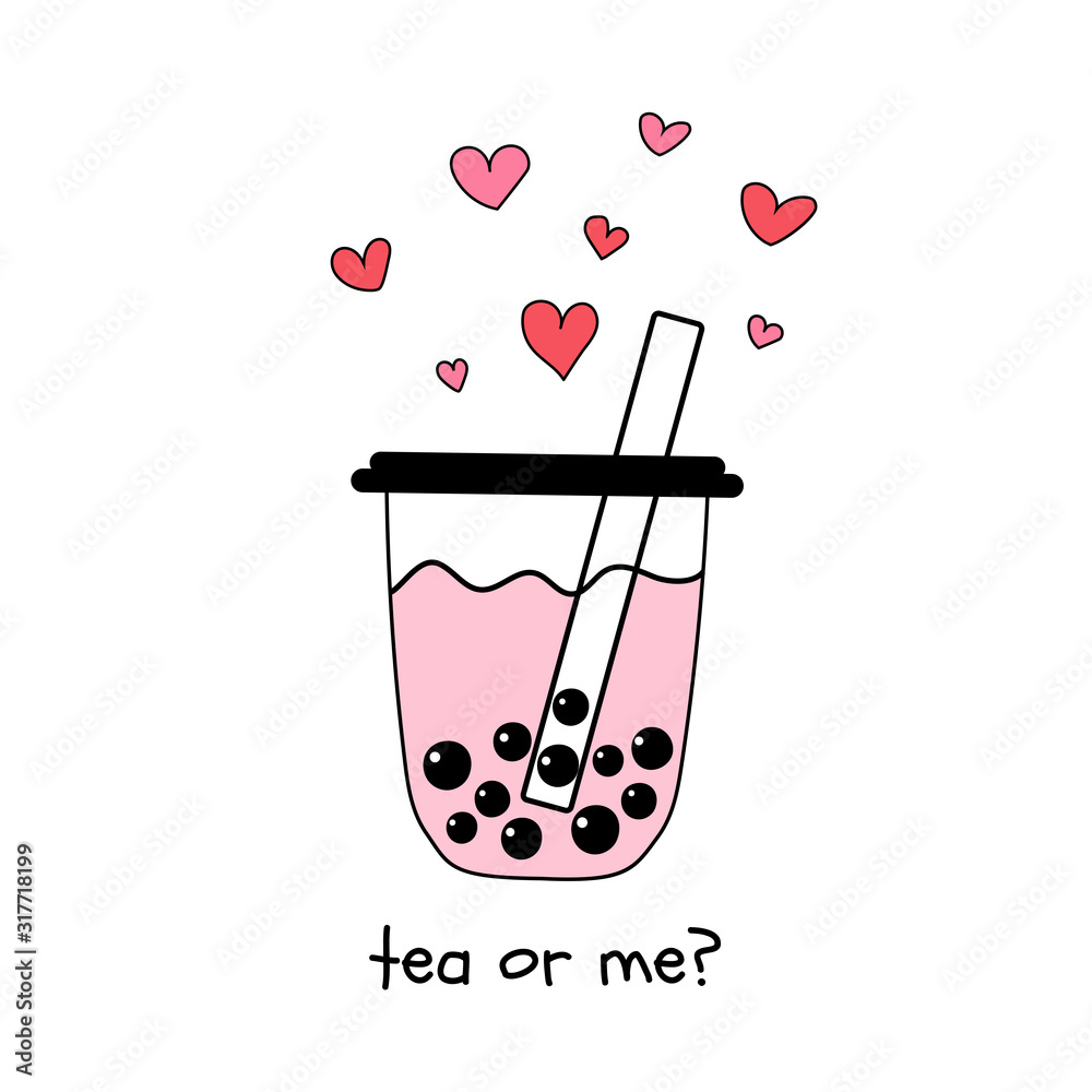 Cute hand drawn bubble milk ice tea in plastic containers, vector card ...