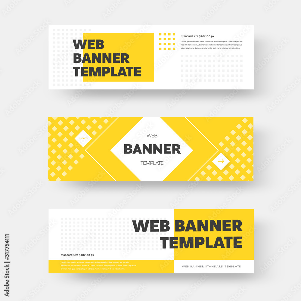 Rectangular horizontal web banner design with rhombus, square and arrow ...