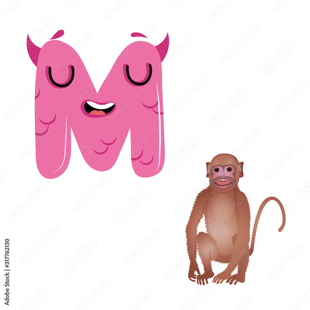 Vector Cute Childish Cartoon English Alphabet. Letter M With Monkey ...