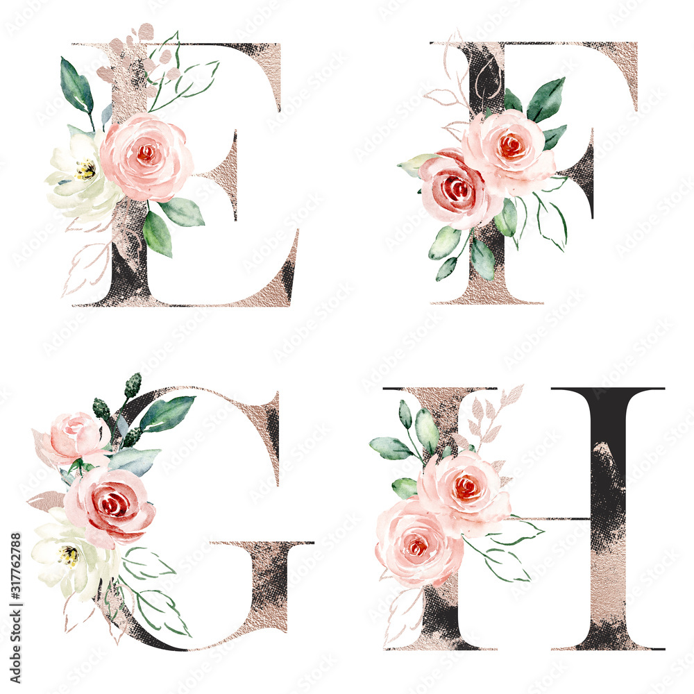 Floral alphabet, letters with watercolor flowers roses and leaf ...