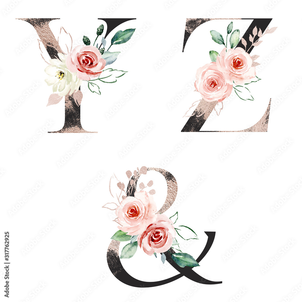 Floral alphabet, letters with watercolor flowers roses and leaf ...