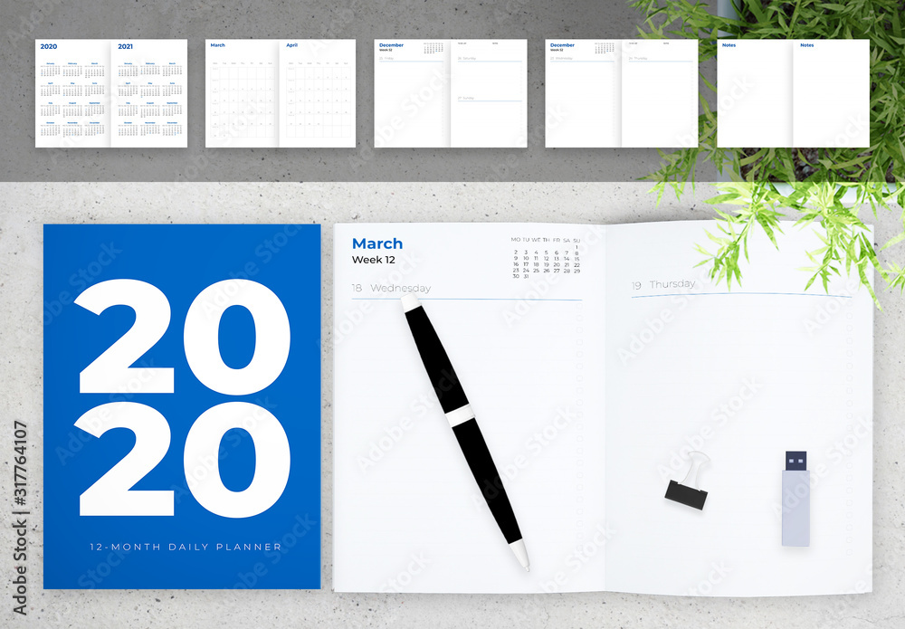 2020 Classic Twelve Month Daily Planner Layout Stock Template | Adobe Stock