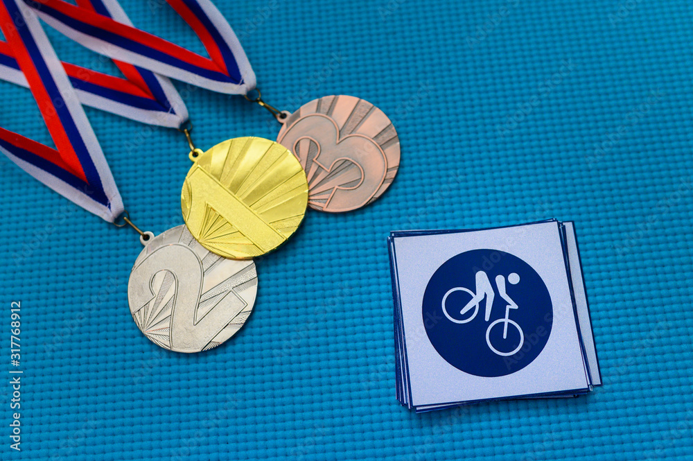 Cycling Mountain Bike icon and medal set, gold silver and bronze medal ...