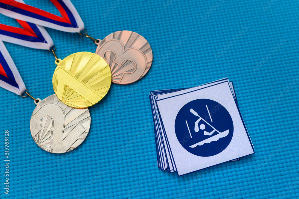 Canoe Slalom icon and medal set, gold silver and bronze medal, blue ...
