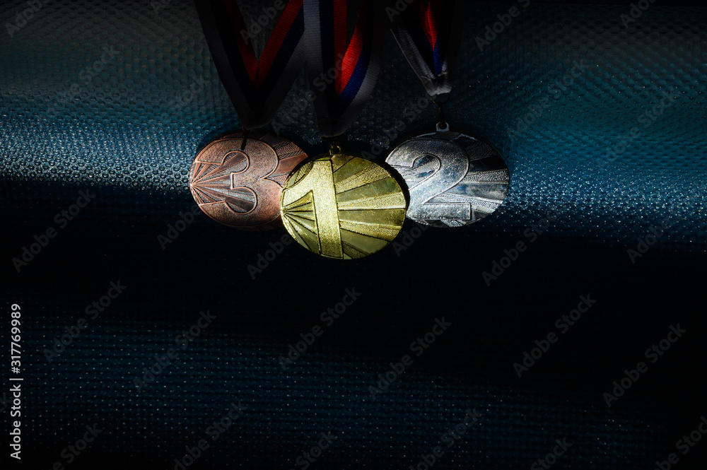 Medal set, gold silver and bronze with numbers 1, 2 and 3. Dark shadow ...