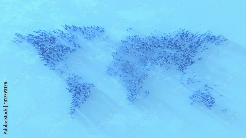 3D cylinders on world map moving like waves. Abstract render animation ...