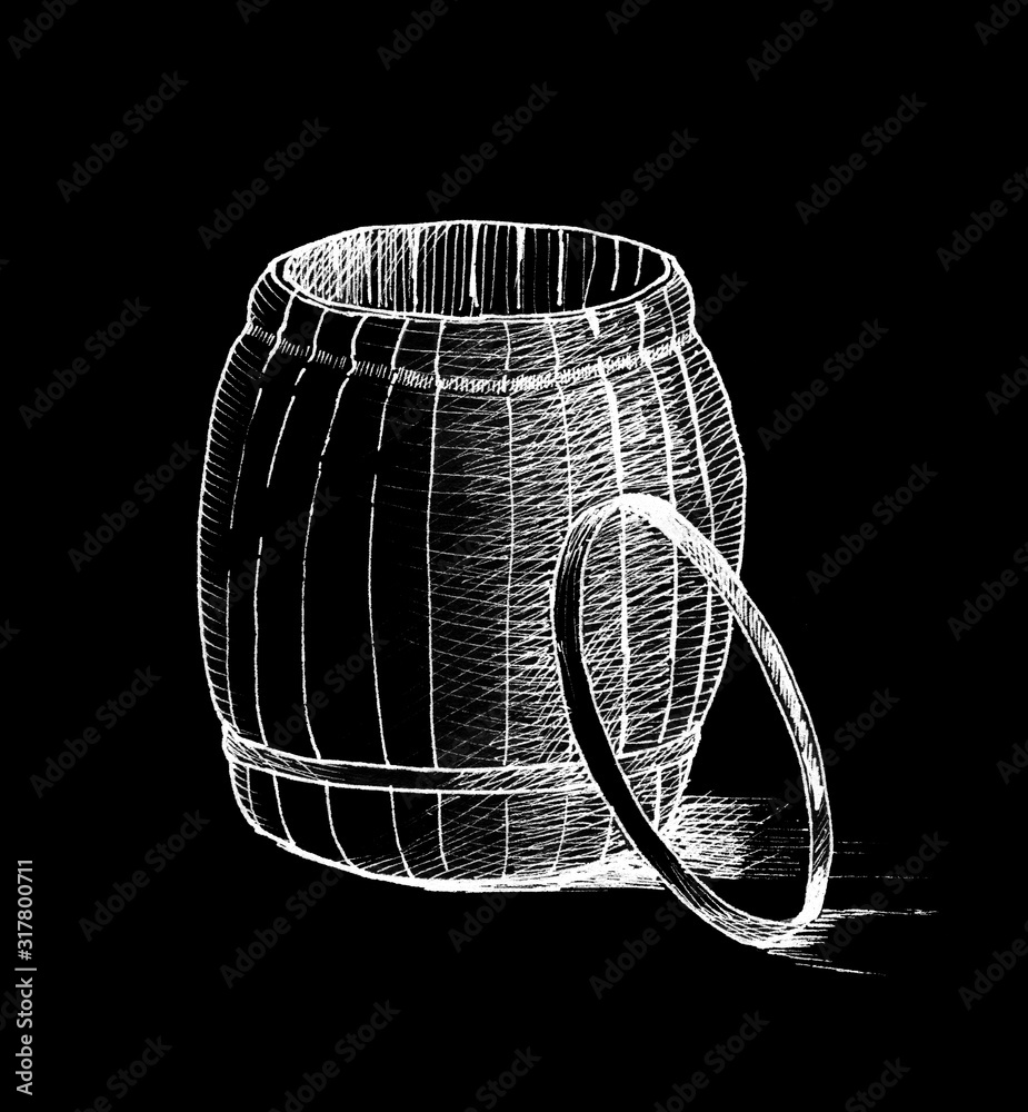 Black and white ink barrel illustration. Wooden barrel in traditional ...
