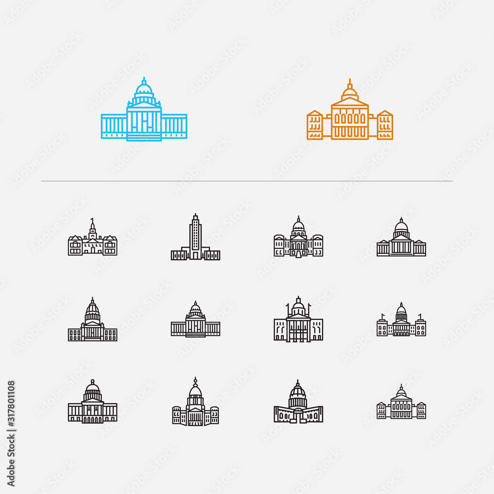 Landmark icons set. Delaware state capitol and landmark icons with ...