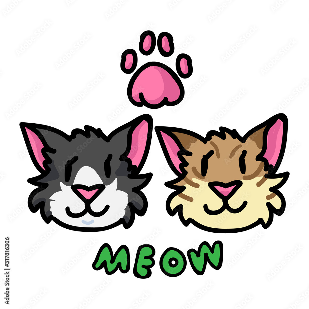 Cute cat faces with meow text clipart. Hand drawn pet kitty animal. Fun ...