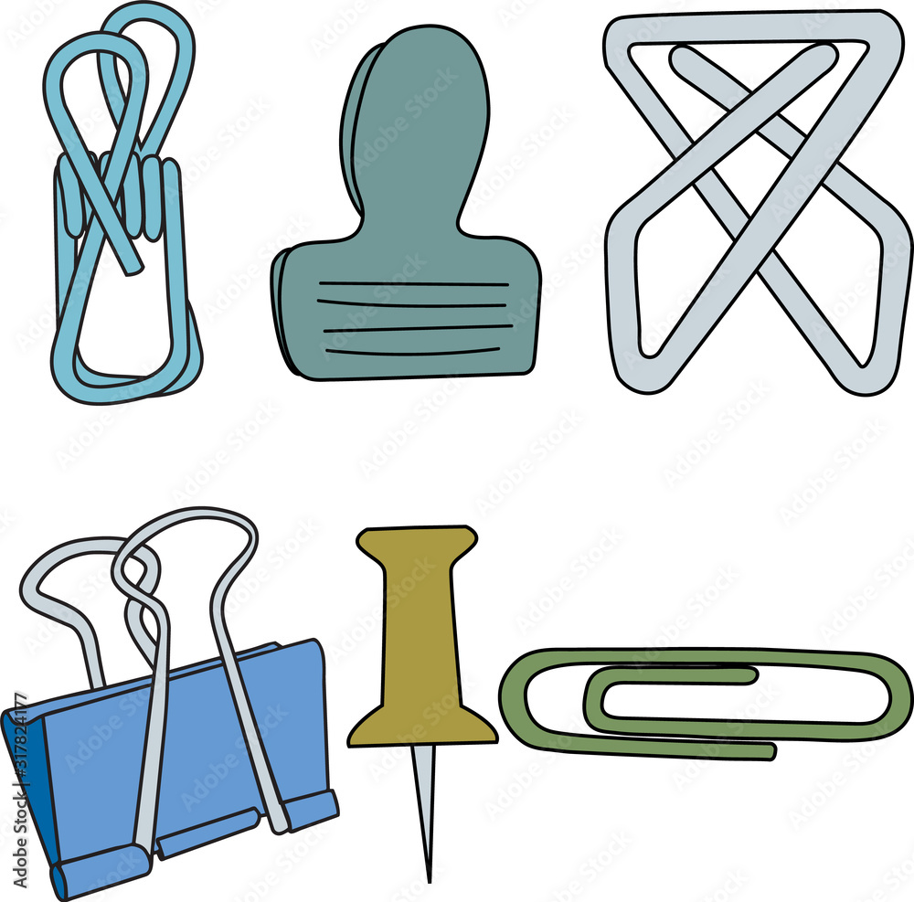 Vector Paper Clips Fasteners Thumb Tacks in Green Yellow Blue Gray Icon ...
