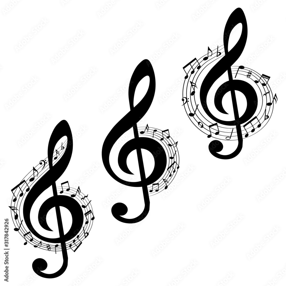 Set of musical design elements, treble clef in swirl with music notes ...