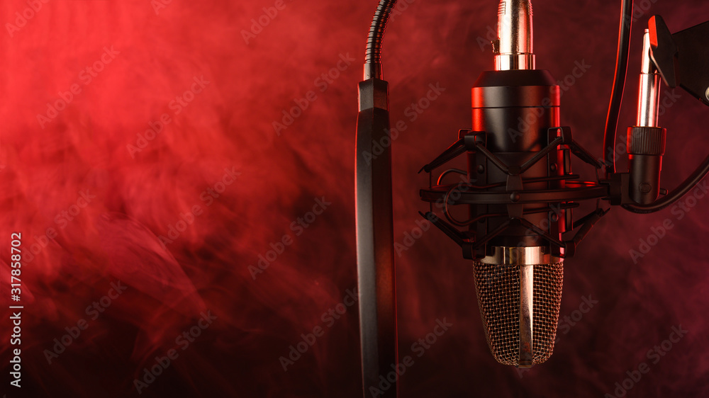 Studio Microphone On Red Smoke Background. Banner or poster Stock Photo ...