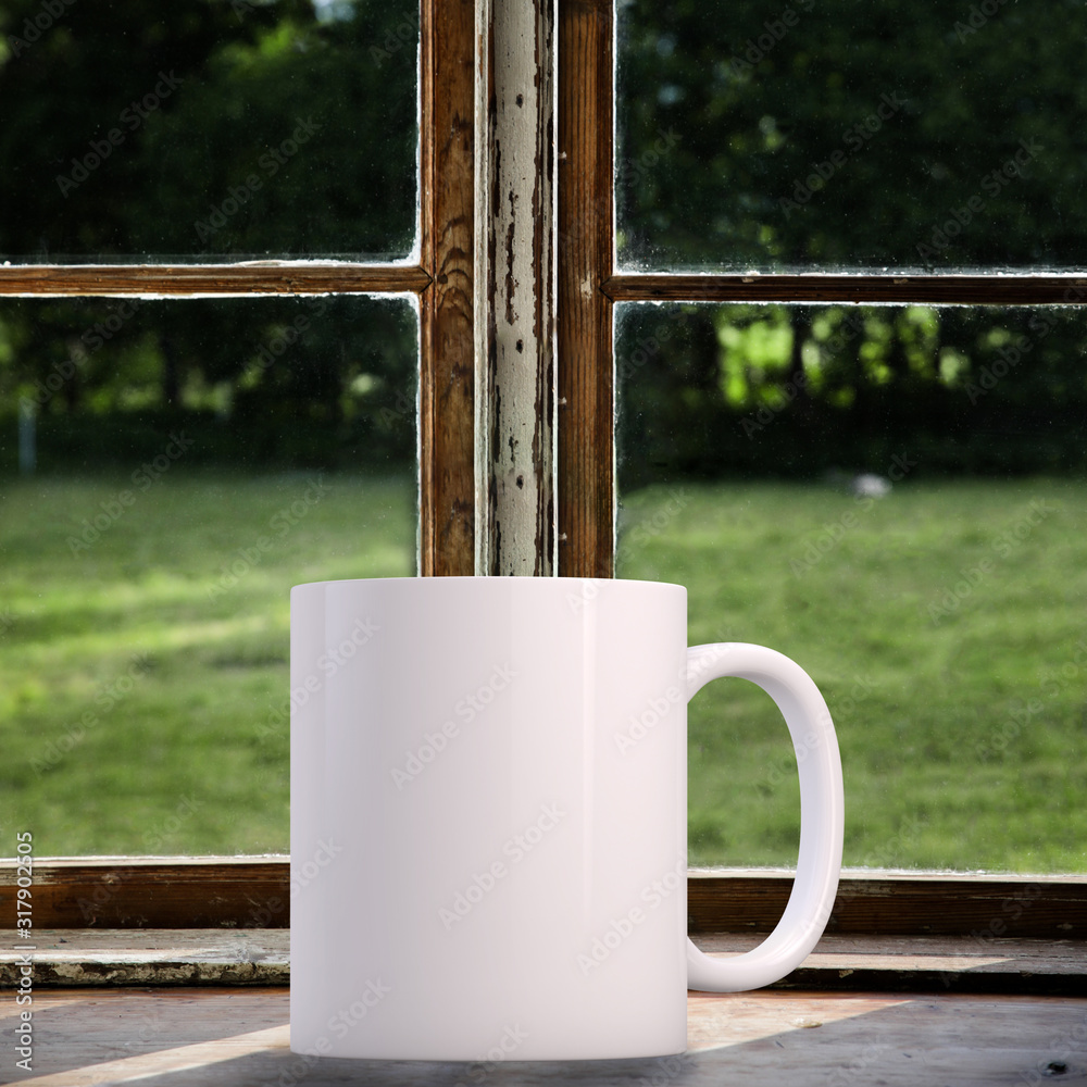 White coffee Mug Mockup, on a window ledge in front of a wooden frame ...