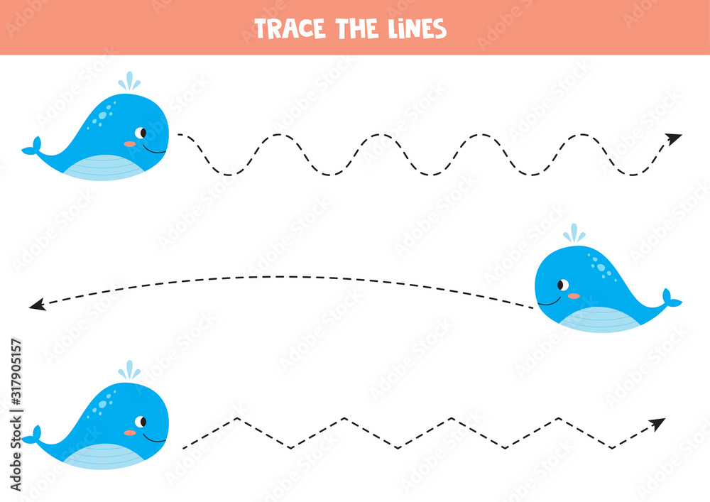 Trace line with blue whale. Handwriting practice for kids. Stock Vector ...