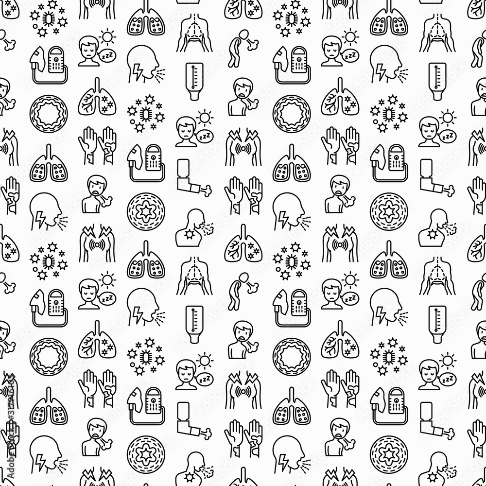 Asthma seamless pattern with thin line icons: allergen, dyspnea, cough ...