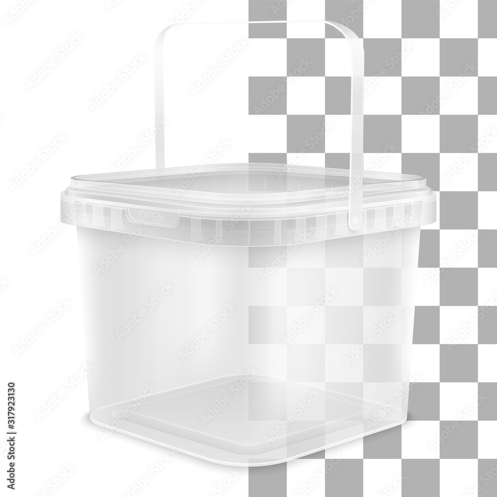 Vector transparent square empty plastic bucket with handle. Front view ...