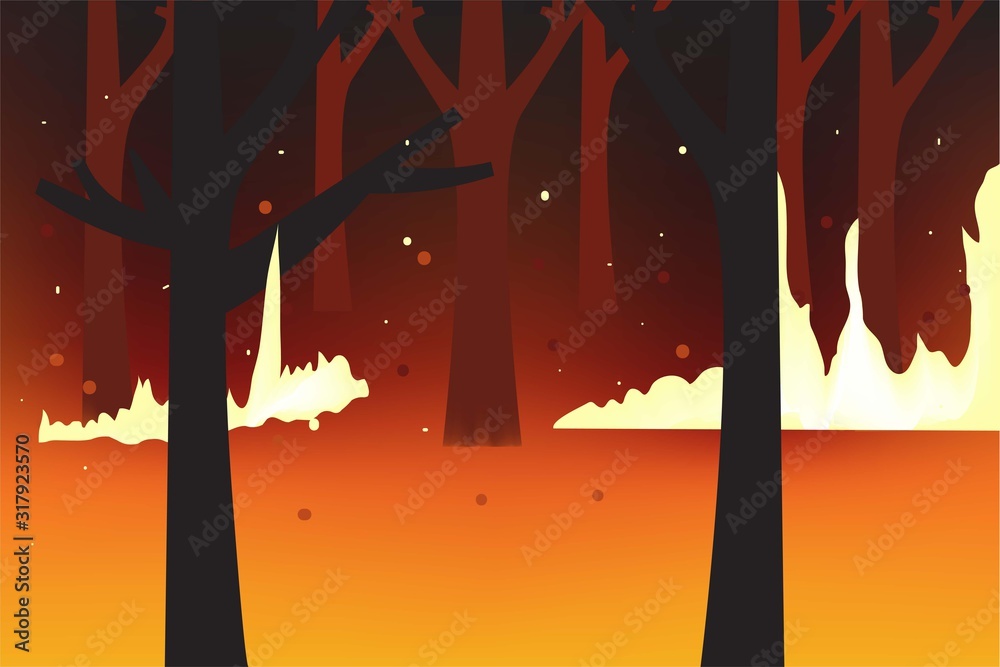vector illustration forest fire background. Wind blowing on a flaming ...