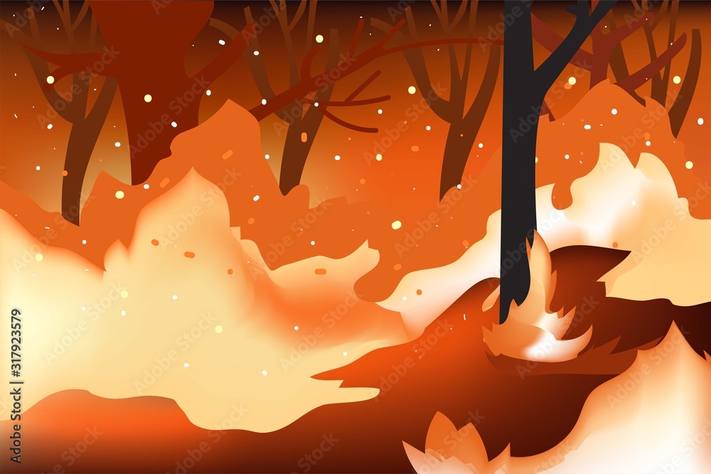 vector illustration forest fire background. Wind blowing on a flaming ...