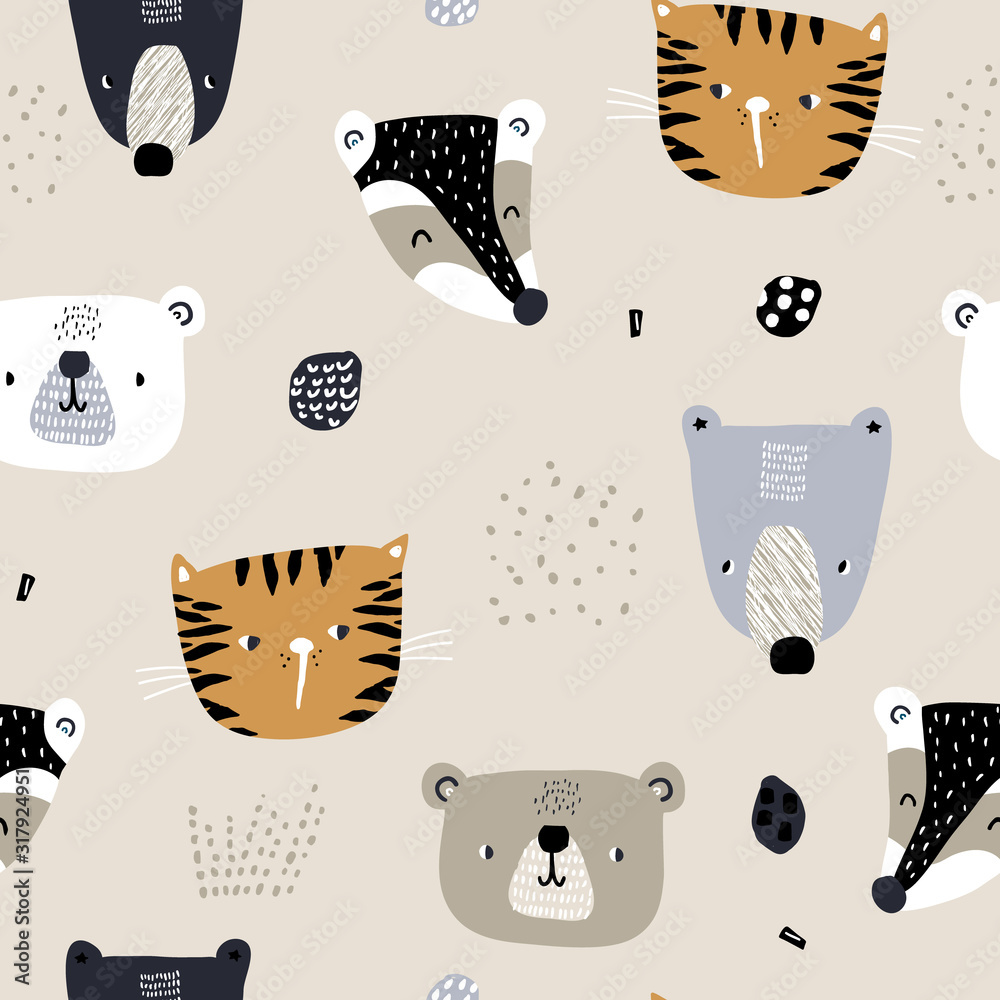 Seamless childish pattern with cute animal faces and hand drawn ...
