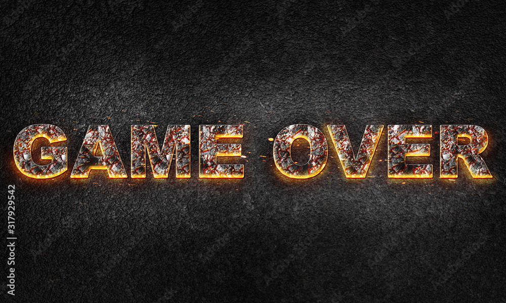 Word "Game over" is written with burning text effect on dark textured ...