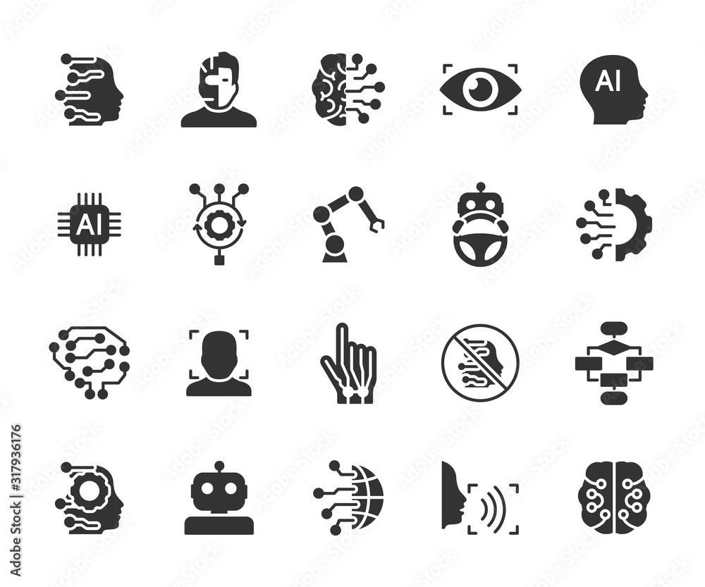 Vector set of artificial intelligence flat icons. Contains icons of ...
