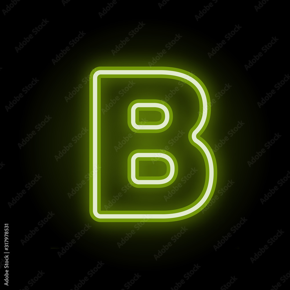 Green neon letter B with glow on black background. Blur effect is made ...