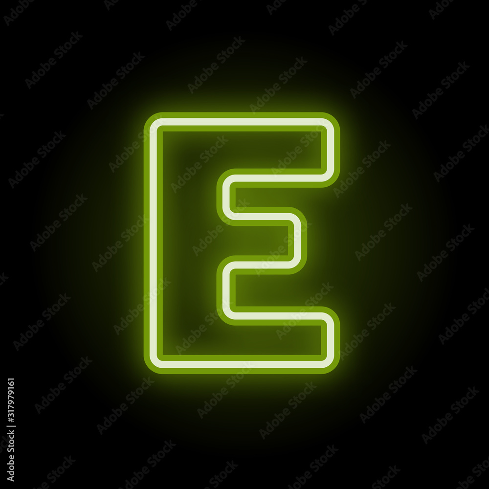 Green neon letter E with glow on black background. Blur effect is made ...
