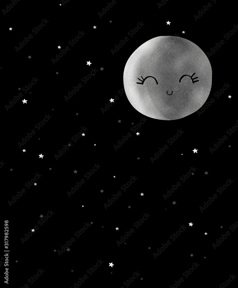 Cute Night Sky with Twinkle Stars and Gray Smiling Full Moon. Lovely ...