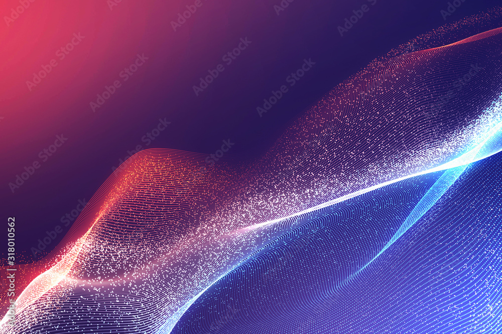 Bright wavy background. Glowing dots and lines. Neon light. Wave ...