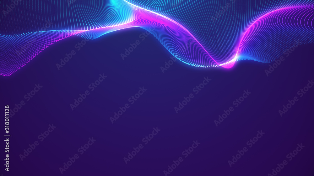 Bright wavy background. Glowing dots and lines. Neon light. Wave ...