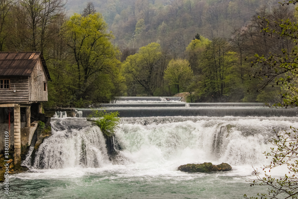 Layered waterfall on the river Una in Bosnia-Herzegovina with a lot of ...