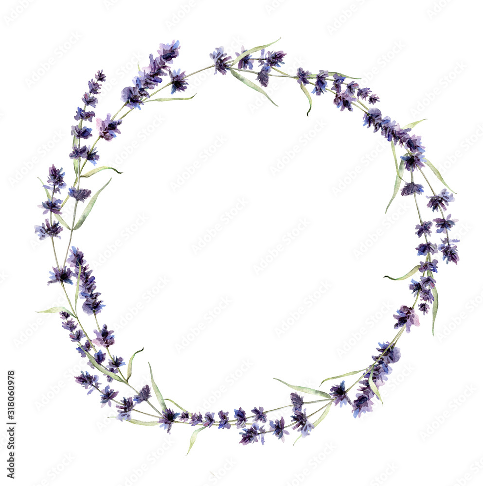 Watercolor lavender wreath. Hand painted violet flowers, branch and ...