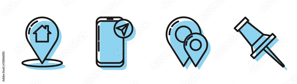 Set line Map pin, Map pointer with house, Infographic of city map ...